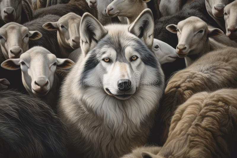 Wolf Surrounded by Sheep. AI Generative Stock Illustration ...