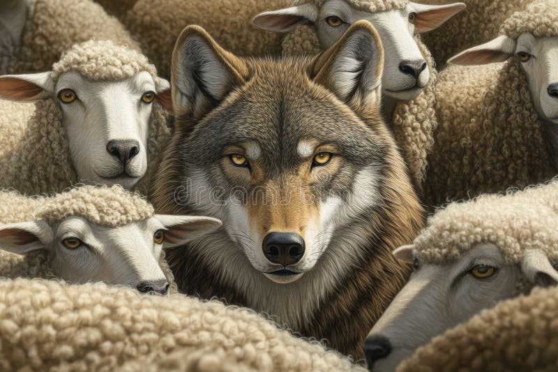 Wolf Surrounded by Sheep in a Generative AI Image. Stock Photo - Image ...