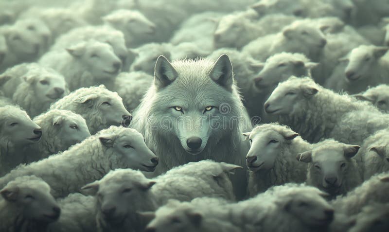 Wolf Surrounded by Sheep in a Misty Landscape Showcasing Nature S ...