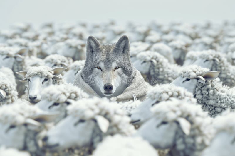 A Wolf Surrounded by Sheep in the Snow. Suitable for Wildlife or ...