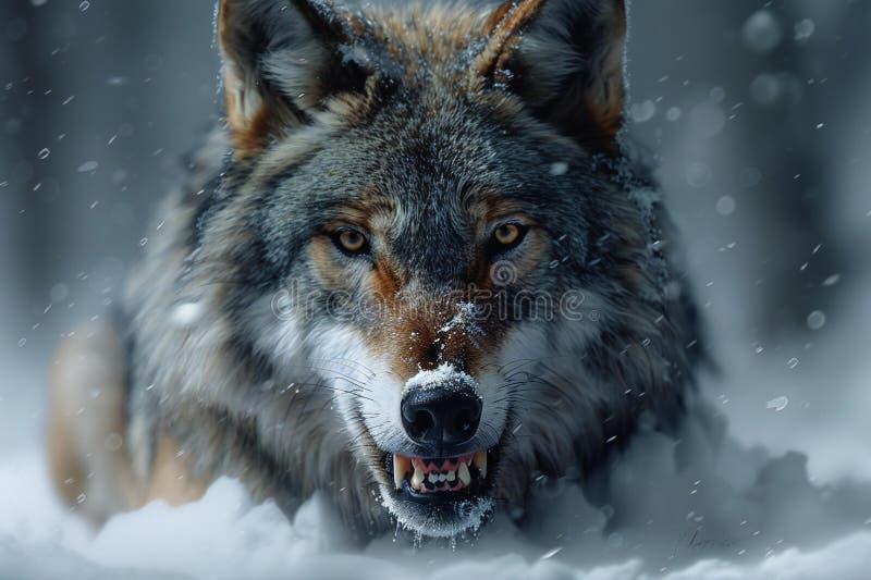 The Wolf with Teeth Yowling in the Snow, High Quality, High Resolution ...