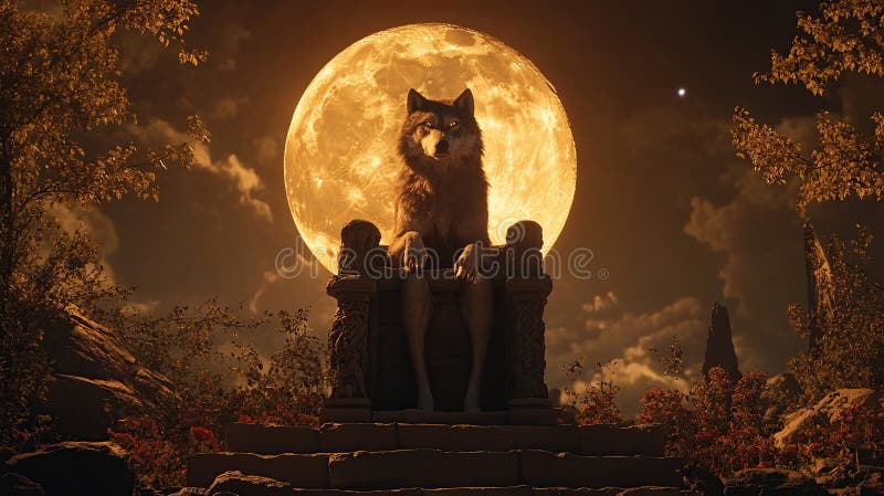 Wolf Throne, Full Moon, Night Scene Stock Illustration - Illustration ...