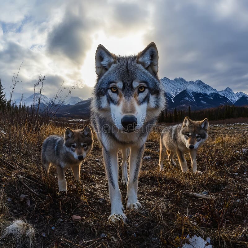 A Wolf and Two Cubs Walking in a Field with Mountains in the Background ...