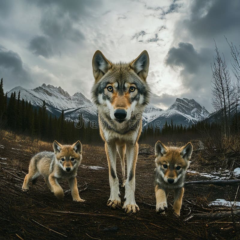 A Wolf and Two Cubs Walking in a Field with Mountains in the Background ...