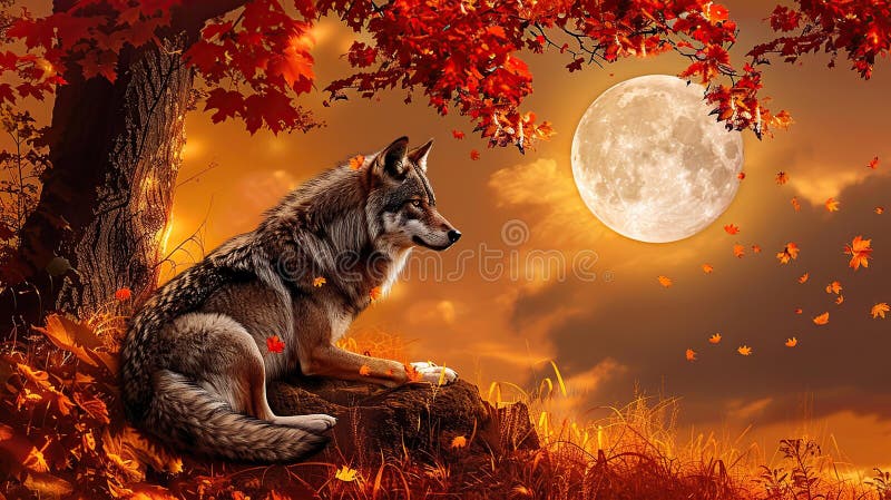 Wolf Under a Full Moon in Autumn Stock Illustration - Illustration of ...