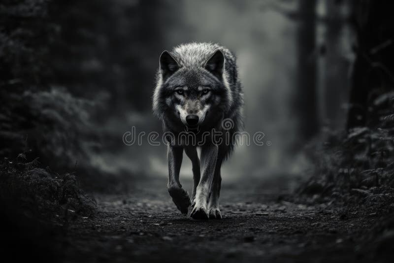 Wolf Walking Alone in a Forest Path, Showing Teeth. Stock Photo - Image ...