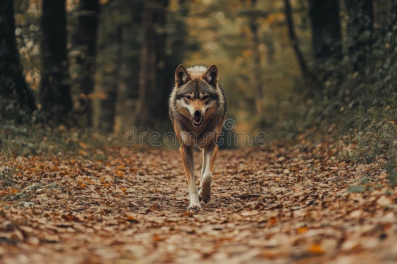 Wolf Walking Alone in a Forest Path, Showing Teeth. Stock Image - Image ...