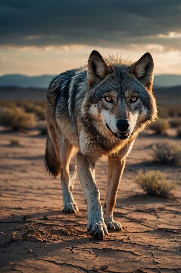 Majestic Gray Wolf Walking in Desert Sunset Stock Illustration ...