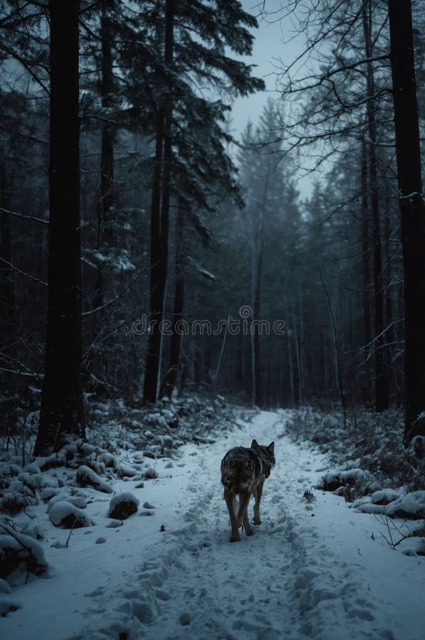 Lone Wolf Walking on Snowy Forest Path at Dusk Stock Illustration ...