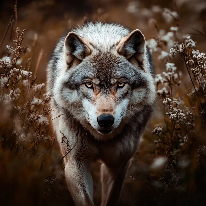 A Wolf Walking through a Field of Tall Grass Stock Image - Image of ...