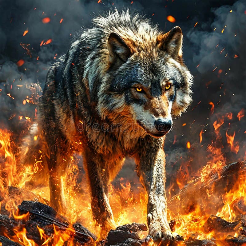 Wolf walking through fire stock illustration. Illustration of mammal ...