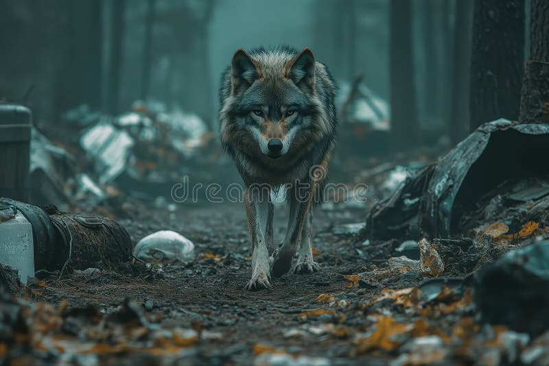 Wolf Walking through a Forest Littered with Trash and Debris in a ...