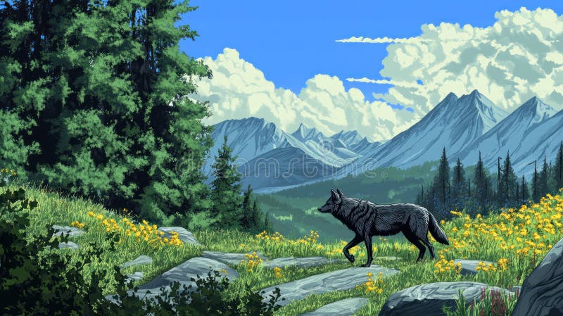 A Wolf Walking through a Vibrant Mountain Landscape Stock Illustration ...