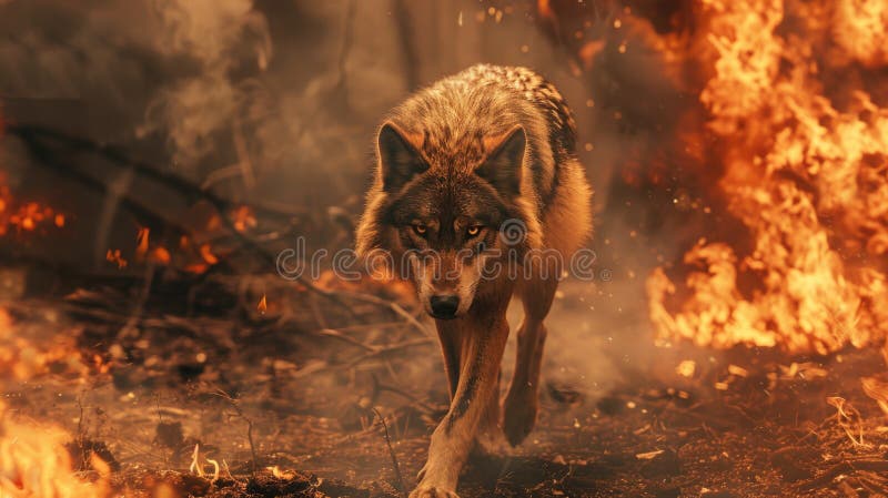 A Wolf Walks through a Dense Forest with a Fire Burning in the ...