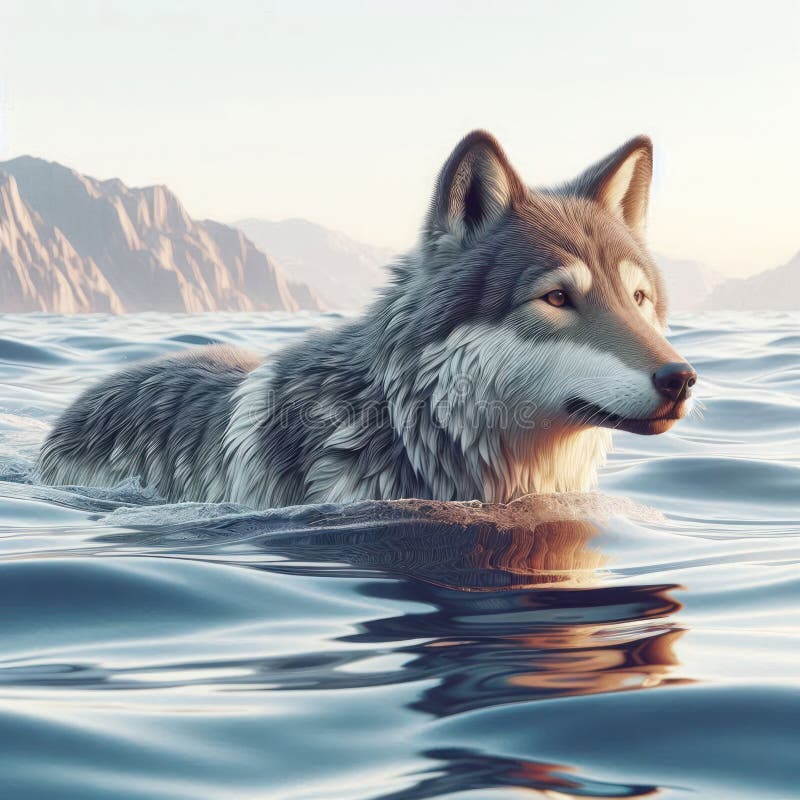 A Wolf in the Water Against the Background of the Mountains. Stock ...