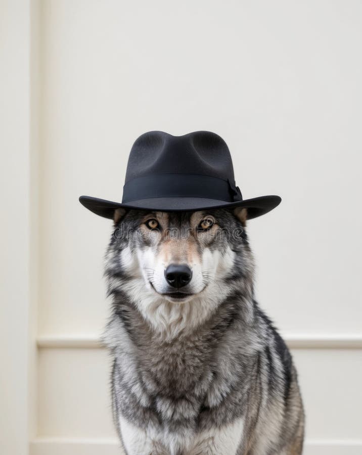 A Wolf Wearing a Fedora and a Hat on Its Head. Stock Photo - Image of ...