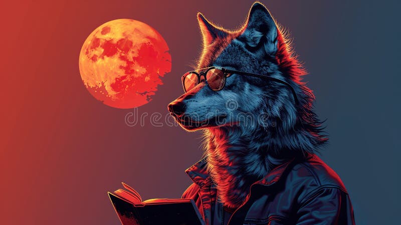 Wolf Reading Under a Red Moon Stock Illustration - Illustration of ...