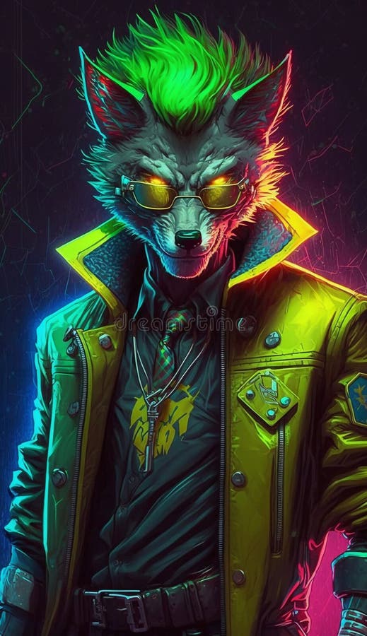 Wolf Wearing a Neon Leather Jacket Fashion Model Stock Illustration ...