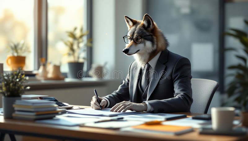 Wolf in a Suit Working at Office Desk Stock Illustration - Illustration ...
