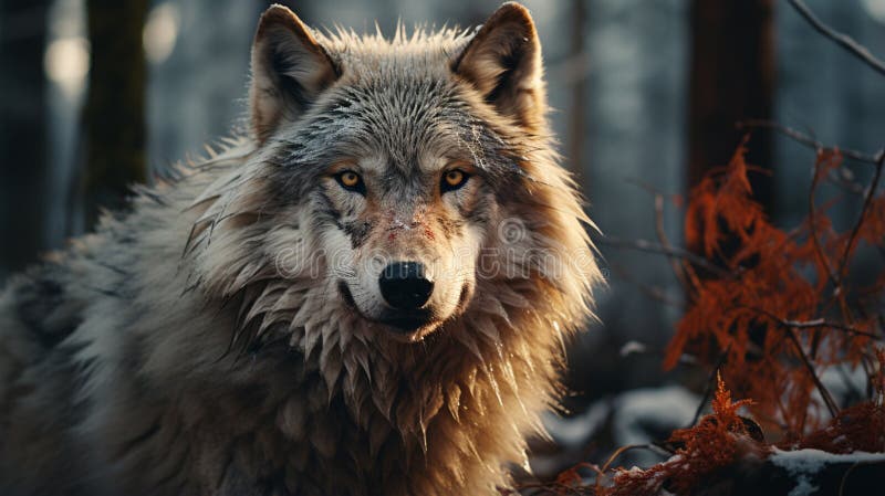 Wolf in the Woods Dramatic with Wild Predator Animal Posing in Deep ...