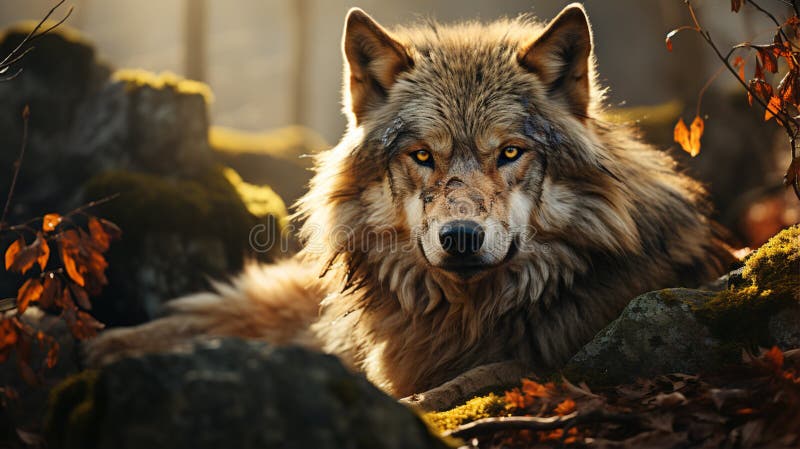 Wolf in the Woods Dramatic with Wild Predator Animal Posing in Deep ...