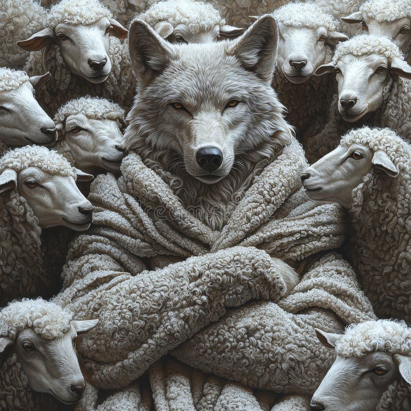 Wolf Wrapped in Sheep Wool Surrounded by Flock in Surreal Art Stock ...