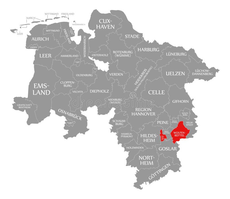 Wolfenbuettel County Red Highlighted in Map of Lower Saxony Germany ...