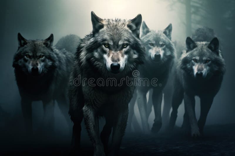 Wolfs in Fog. Dark Forest Background, AI Generative Stock Illustration ...