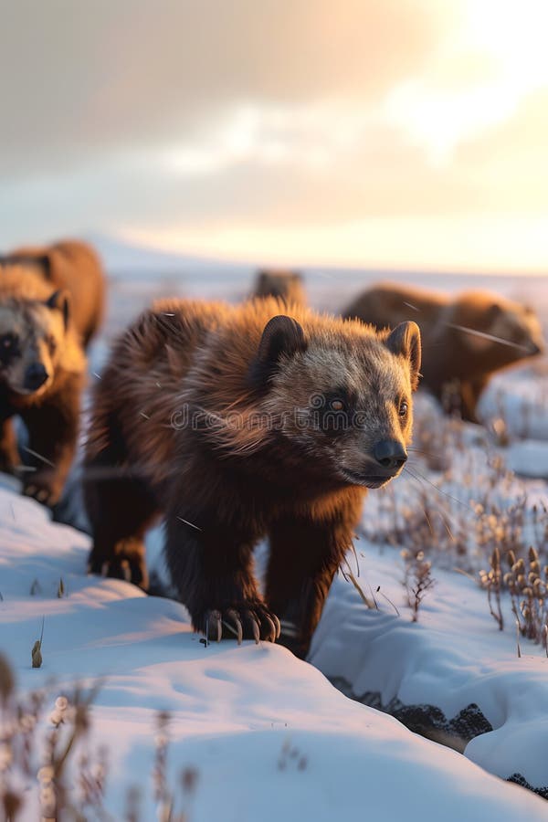 Wolverine Family Walking Towards the Camera in the Forest with Setting ...