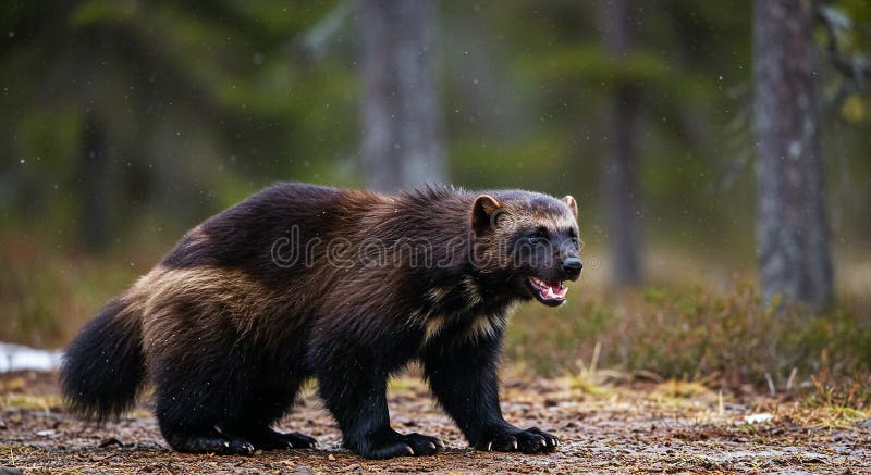 Wolverine in a Forest Setting, Showcasing Its Muscular Build and Thick ...