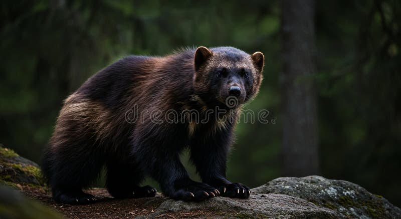 A Wolverine Stands on a Rocky Surface, Surrounded by a Forest. it Has a ...