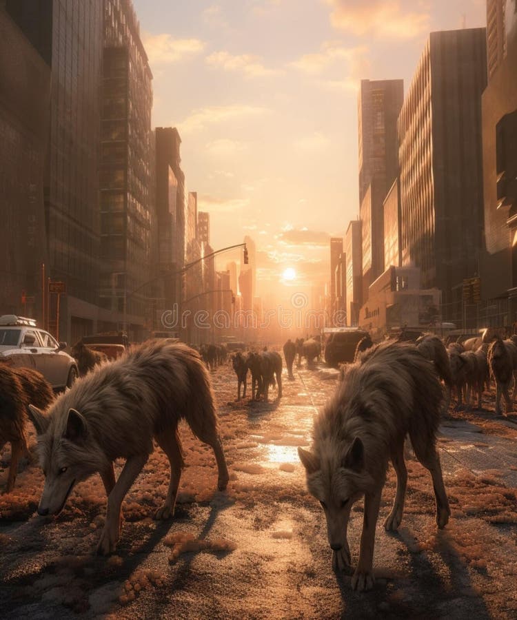 Sunset in Abondoned City with Warm Golden Light and Wolves Stock ...
