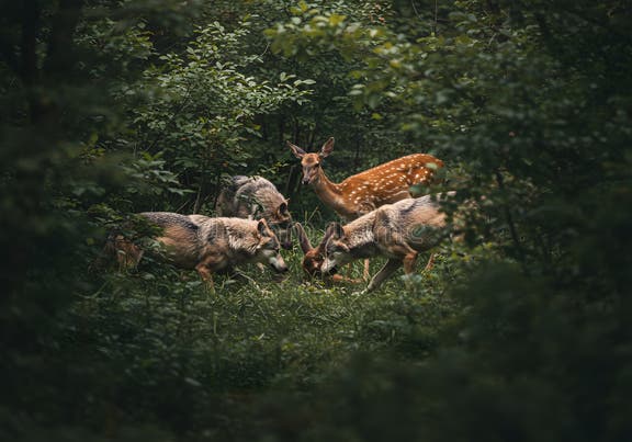 Wolves and deer in forest stock illustration. Illustration of forest ...