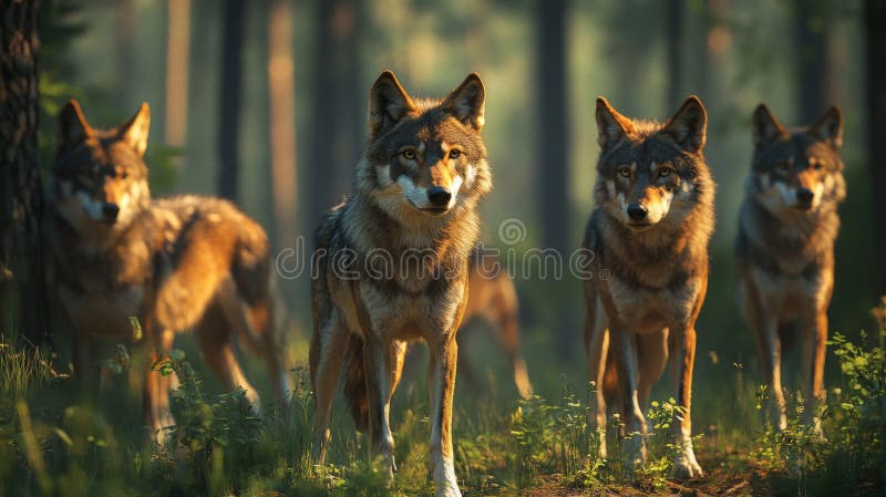 Wolves in a Forest at Sunrise Golden Light Stock Illustration ...