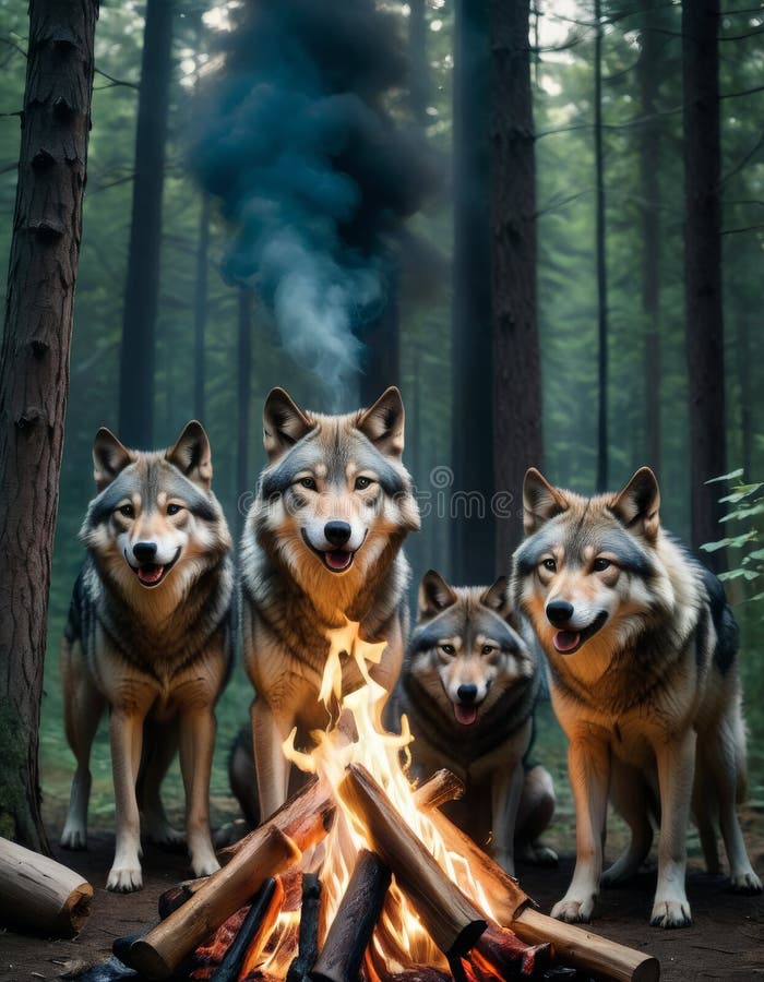 Wolves Gathered Around Campfire Stock Image - Image of fire, trees ...