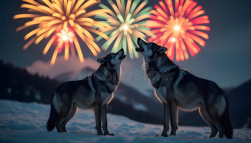 Wolves Howling at Fireworks in Snowy Mountains Stock Illustration ...