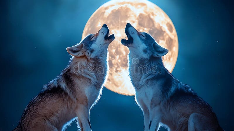 Wolves Howling Harmoniously Under the Full Moon Stock Illustration ...