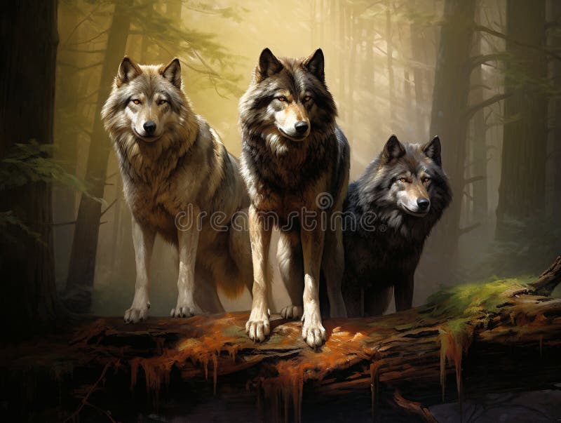 Ai Generated Illustration Wildlife Concept of Wolves on a Log Stock ...