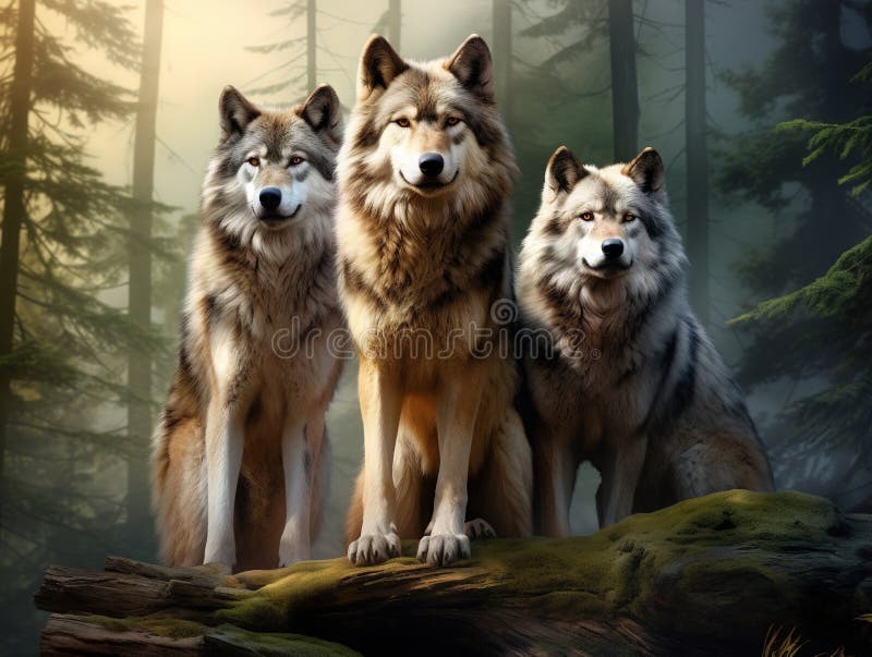Ai Generated Illustration Wildlife Concept of Wolves on a Log Stock ...