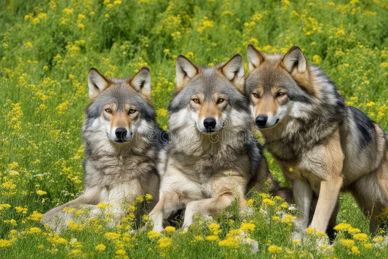 Wolves in a Meadow with Flowers. Stock Photo - Image of expression ...