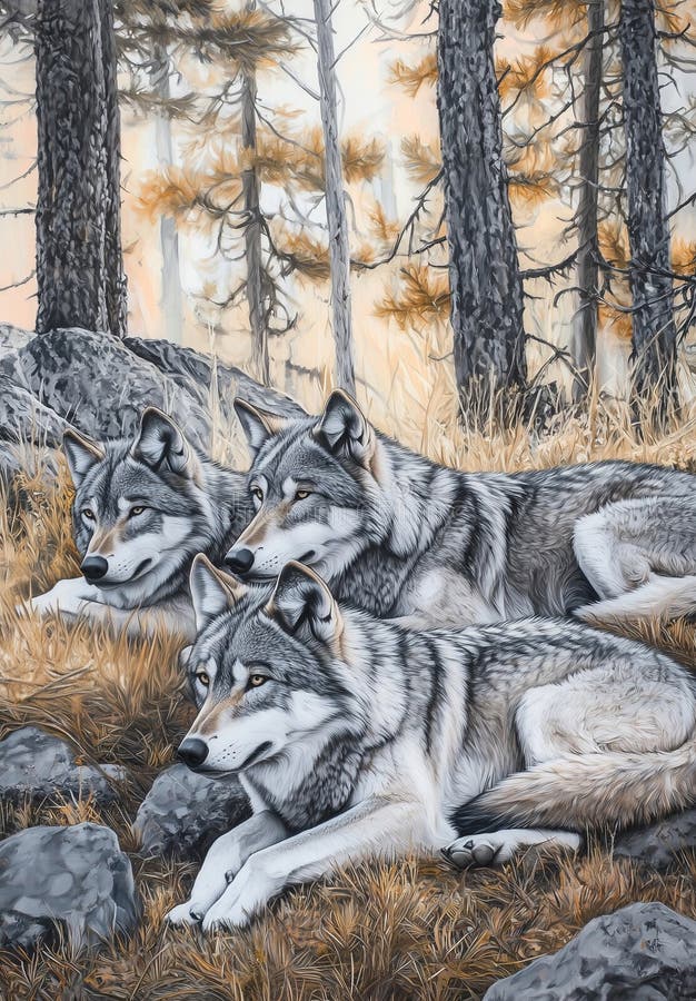 Wolves Relaxing in a Forest Clearing at Dawn Stock Photo - Image of ...