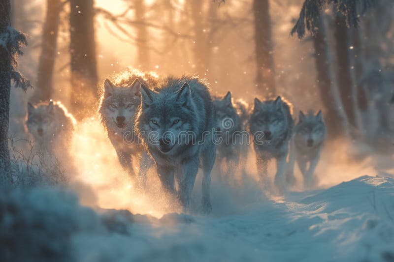 Wolves Running through a Snowy Forest at Sunset, Creating a Magical ...