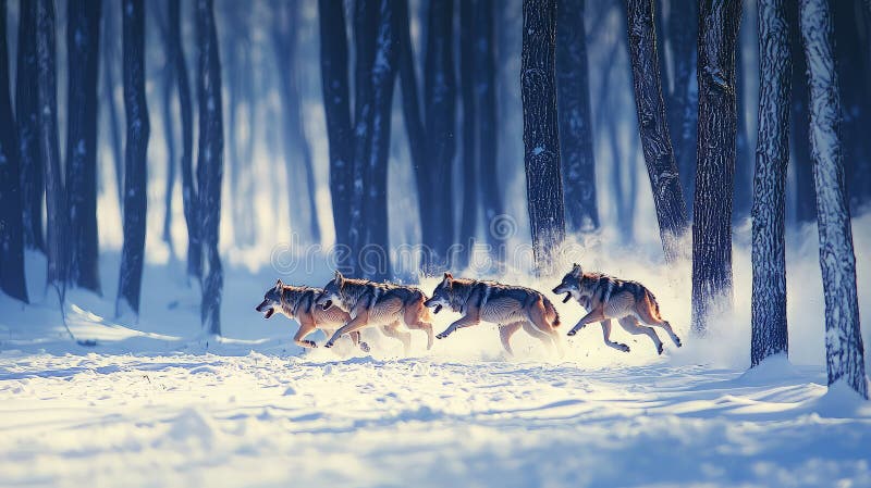 Wolves Running through Snowy Forest; Winter Wildlife Stock Image ...
