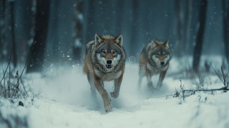 Wolves Running through Snowy Terrain in a Forest Stock Photo - Image of ...