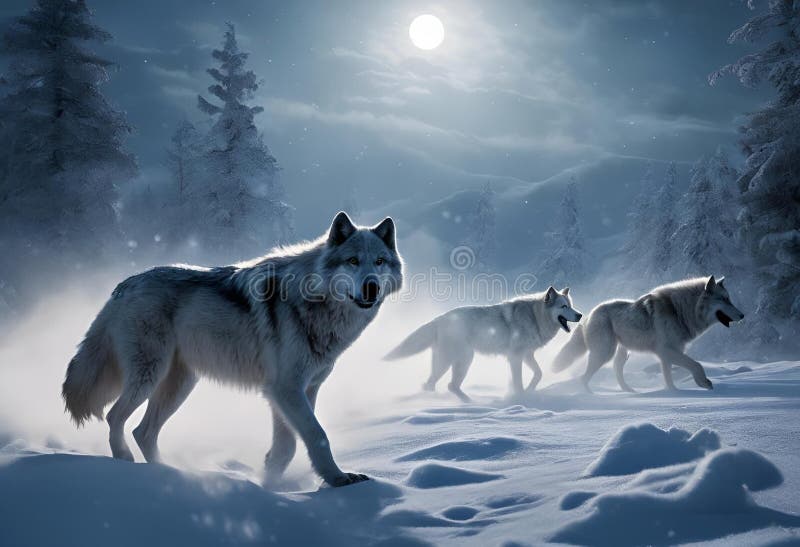 Wolves in a Snowy Forest Under a Full Moon Stock Illustration ...