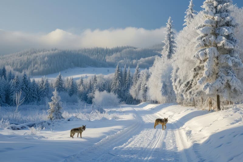 Wolves in a Winter Landscape Stock Illustration - Illustration of ...