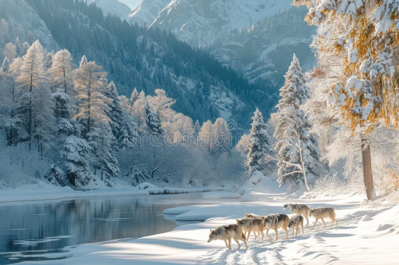 Wolves in a Winter Landscape Stock Illustration - Illustration of ...