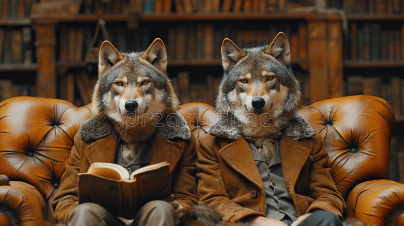 Wolves in Suits Reading in a Library Stock Illustration - Illustration ...