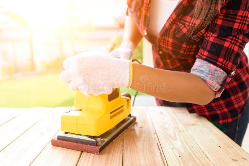 Woman Working with Wood Electrical Sanding Machine Stock Photo - Image ...