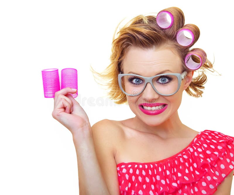 Woman in Hair Rollers and Robe Stock Image - Image of hair, pink: 1775013